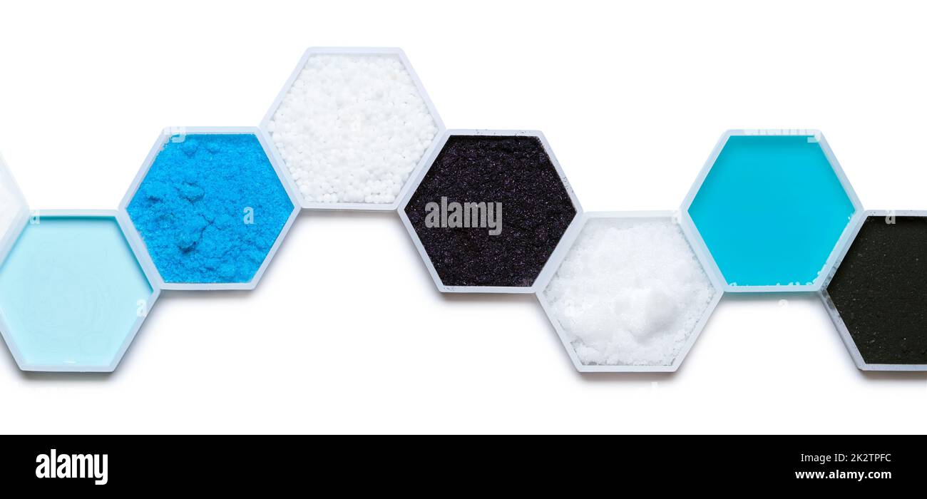 Chemical ingredient in hexagonal molecular shaped container. Hair ...