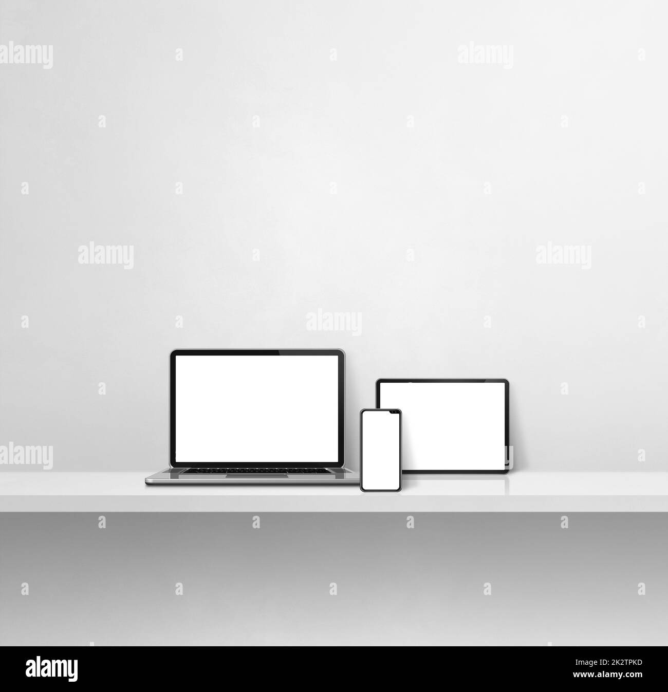 Laptop, mobile phone and digital tablet pc on white concrete wall shelf. Square background Stock ...