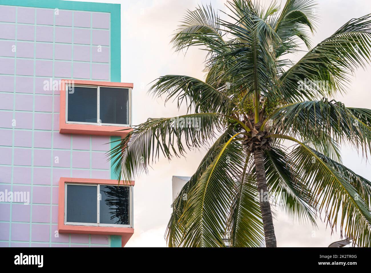 Closeup of typical colorful Art Deco architecture with tropical palm ...