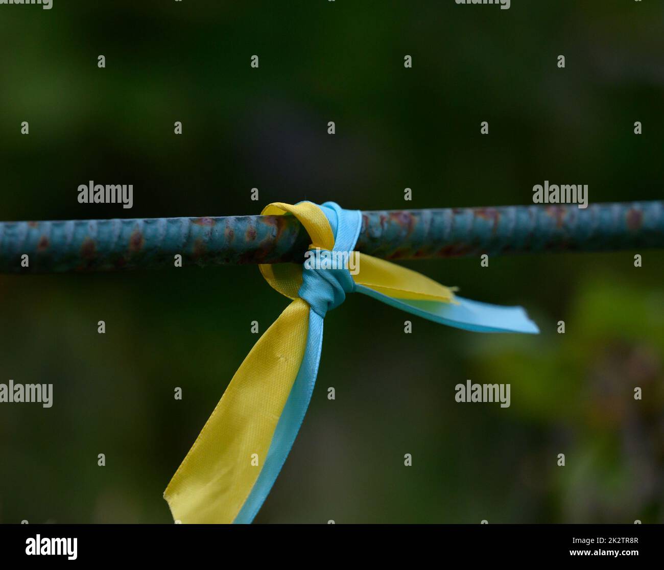 blue and yellow silk ribbon tied on a metal tube. Ukrainian flag symbol ...