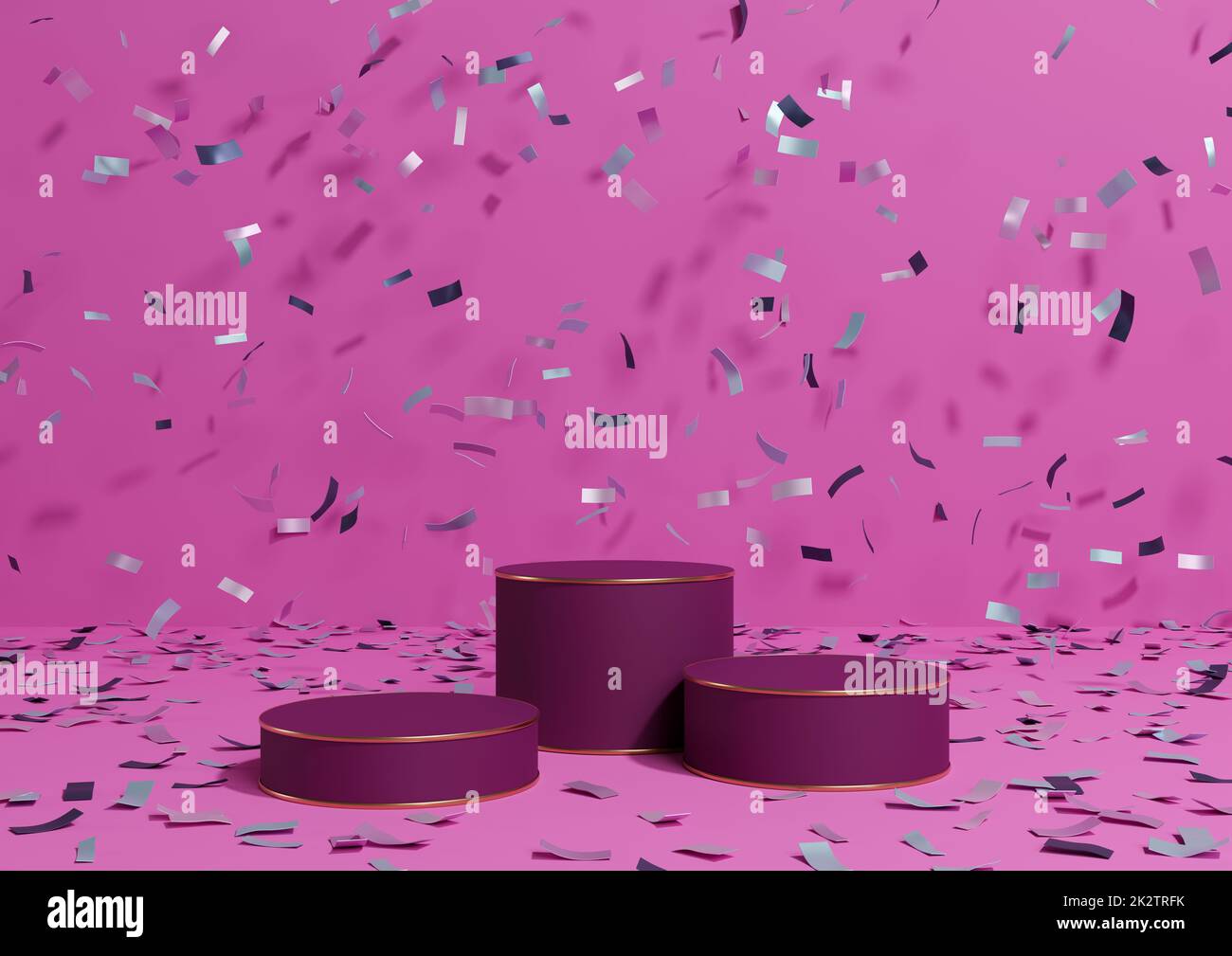 Bright magenta, neon pink 3D rendering product display three podiums ...