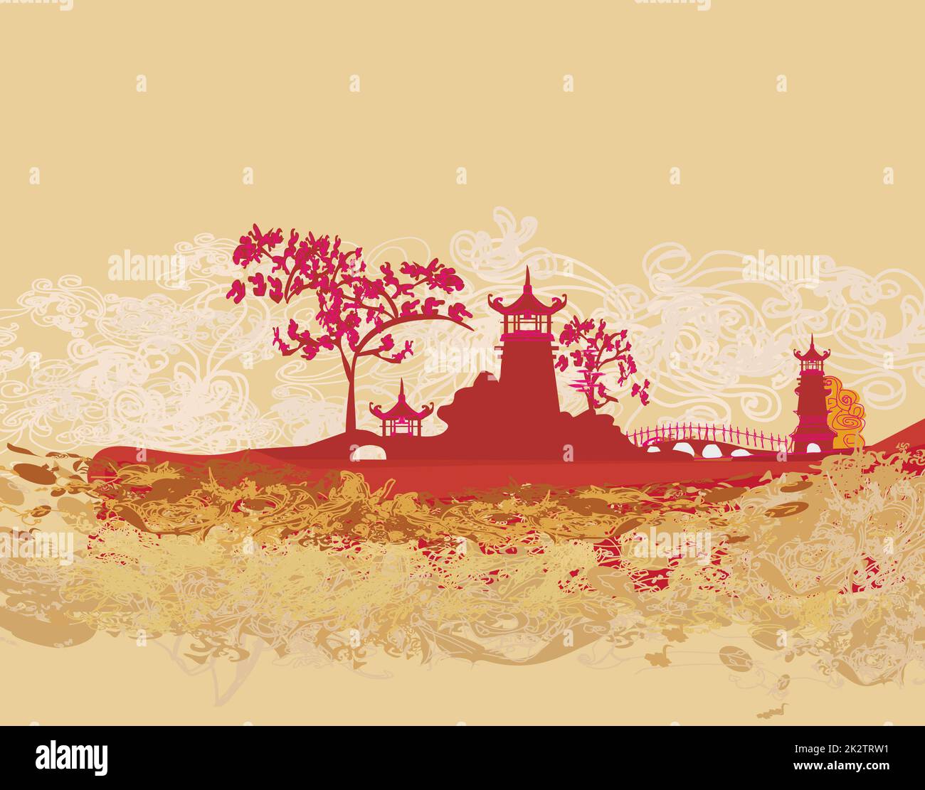 old paper with Chinese temple on abstract Asian Landscape Stock Photo ...