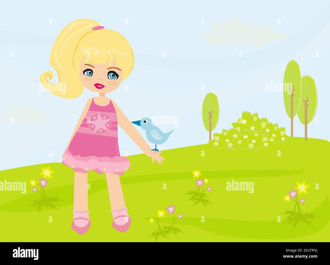 Sweet Spring - happy little girl with bird on her hand in the park ...