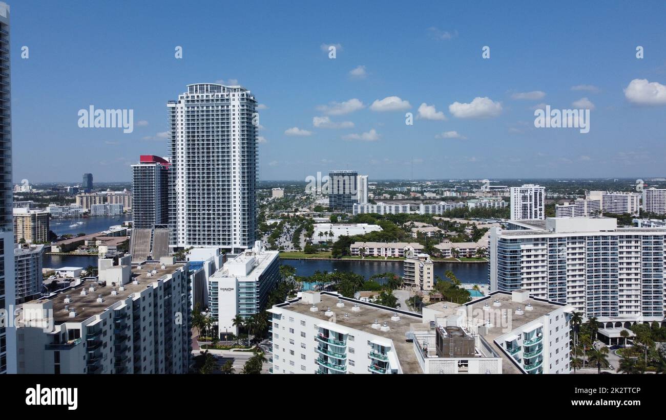 An aerial view of modern buildings on Hallandale Beach in southern ...