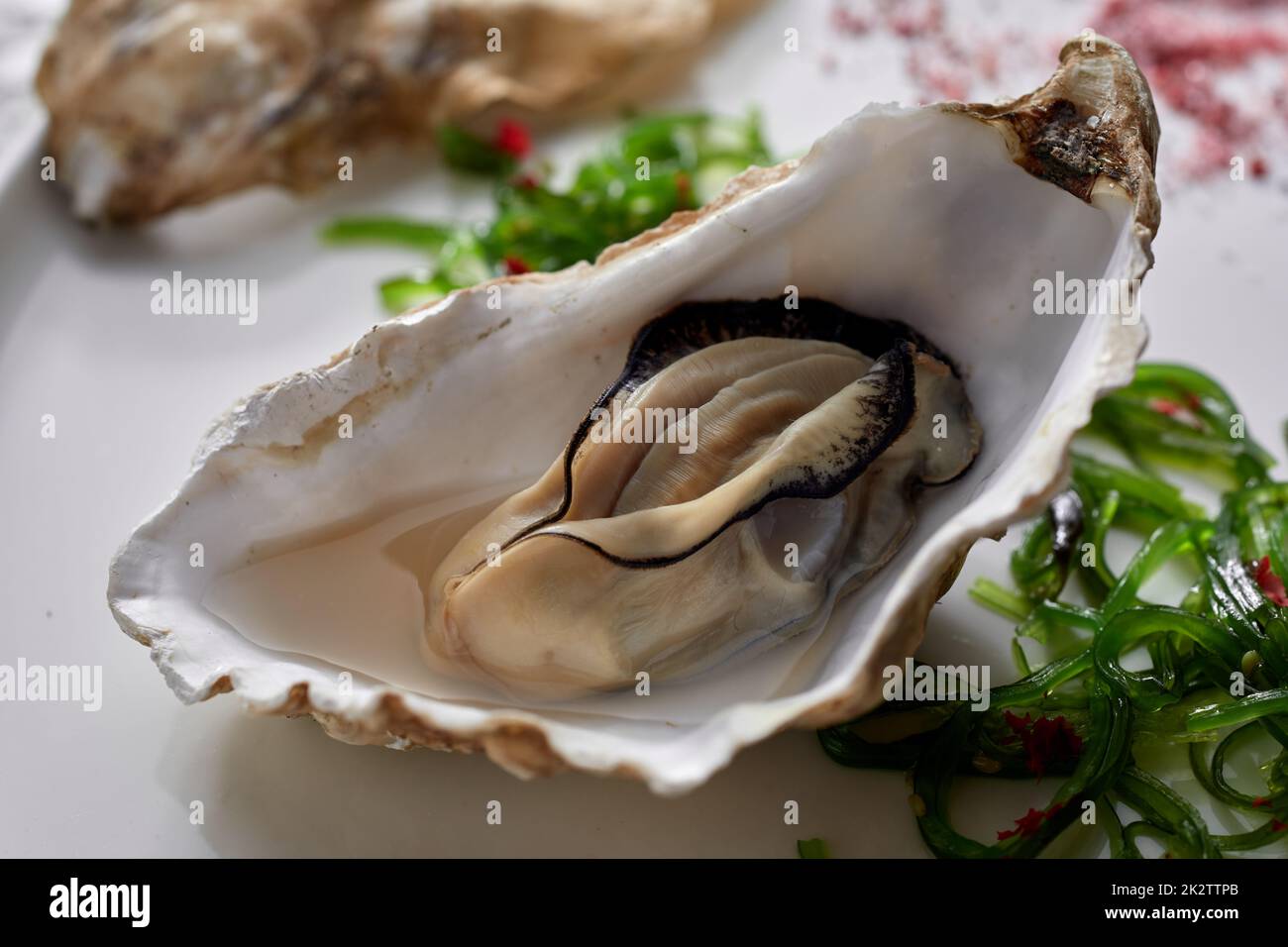 Raw oyster in shell served with seaweed salad Stock Photo - Alamy