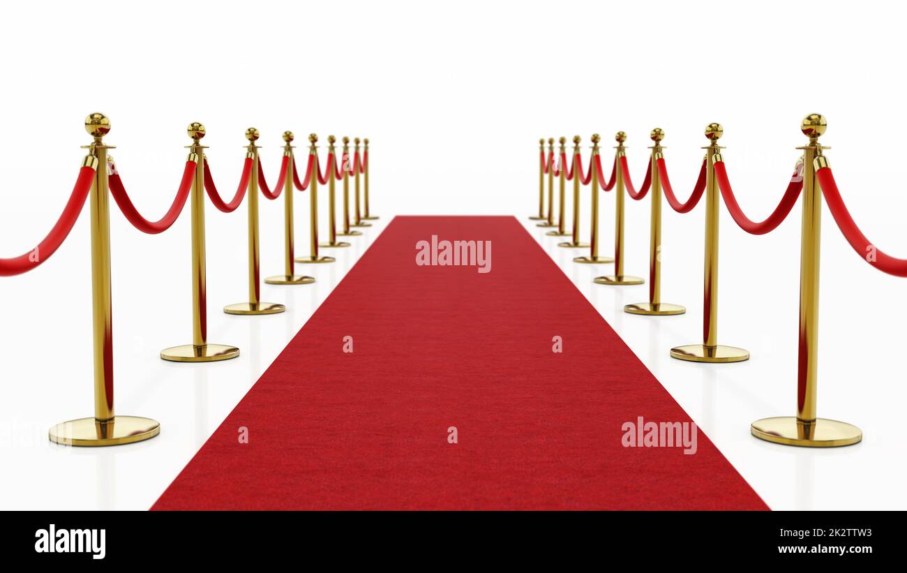 Red carpet and velvet ropes isolated on white background. 3D ...