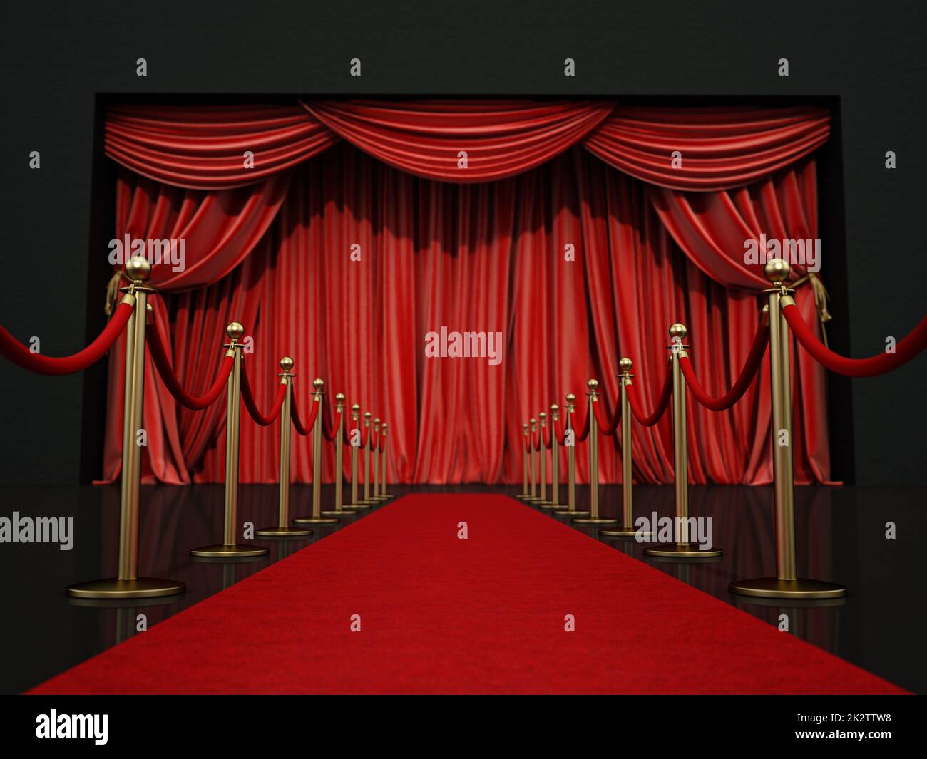 Red carpet and velvet ropes leading to the stage. 3D illustration Stock ...