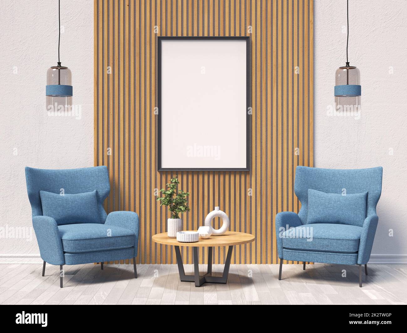Mock up poster frames with blue armchairs and wooden wall panel Stock ...