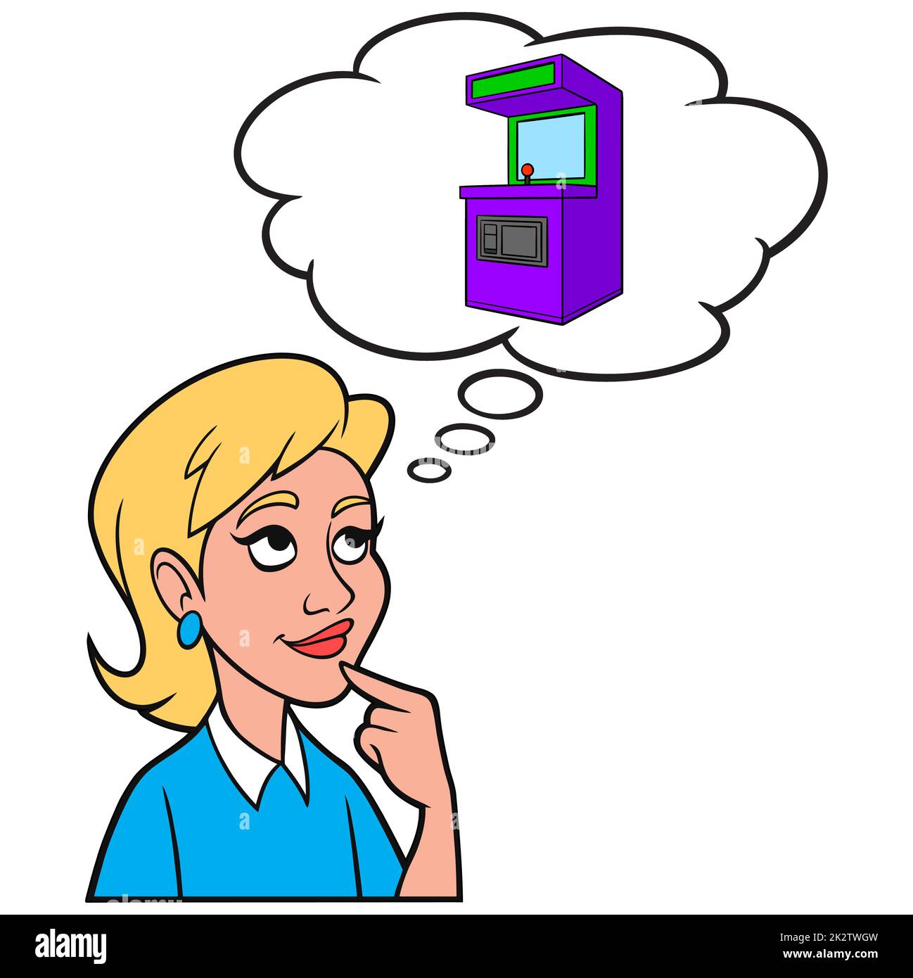 Girl thinking about an Arcade Machine - A cartoon illustration of a ...
