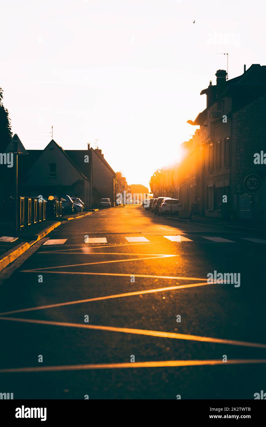 The street of Caen under an orange sunlight, France, vertical Stock ...
