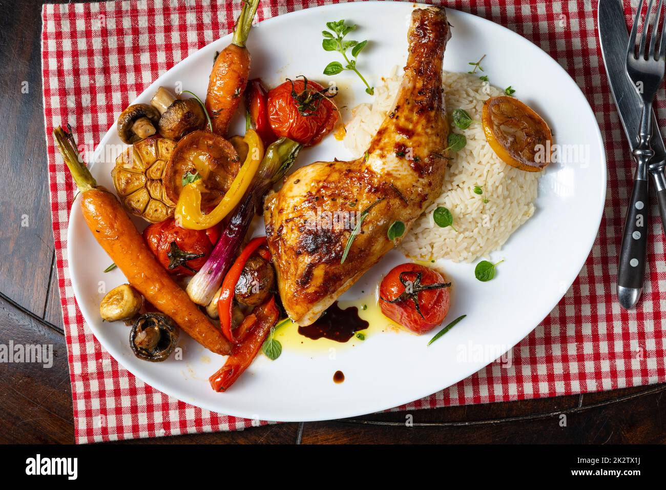 Rustic fried chicken legs with assorted vegetables and rice Stock Photo ...