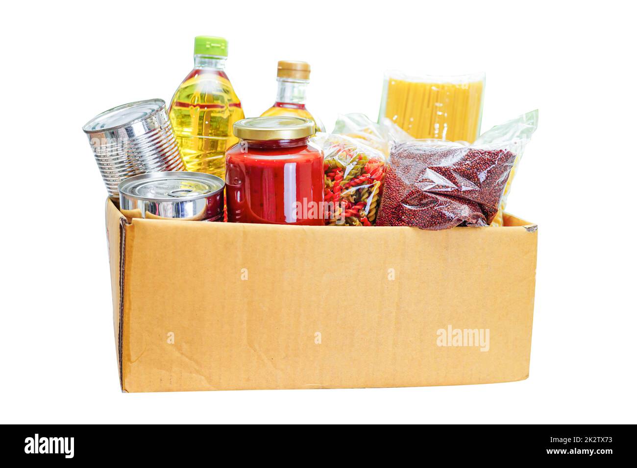 Foodstuffs in donation box for volunteer isolated on white background ...