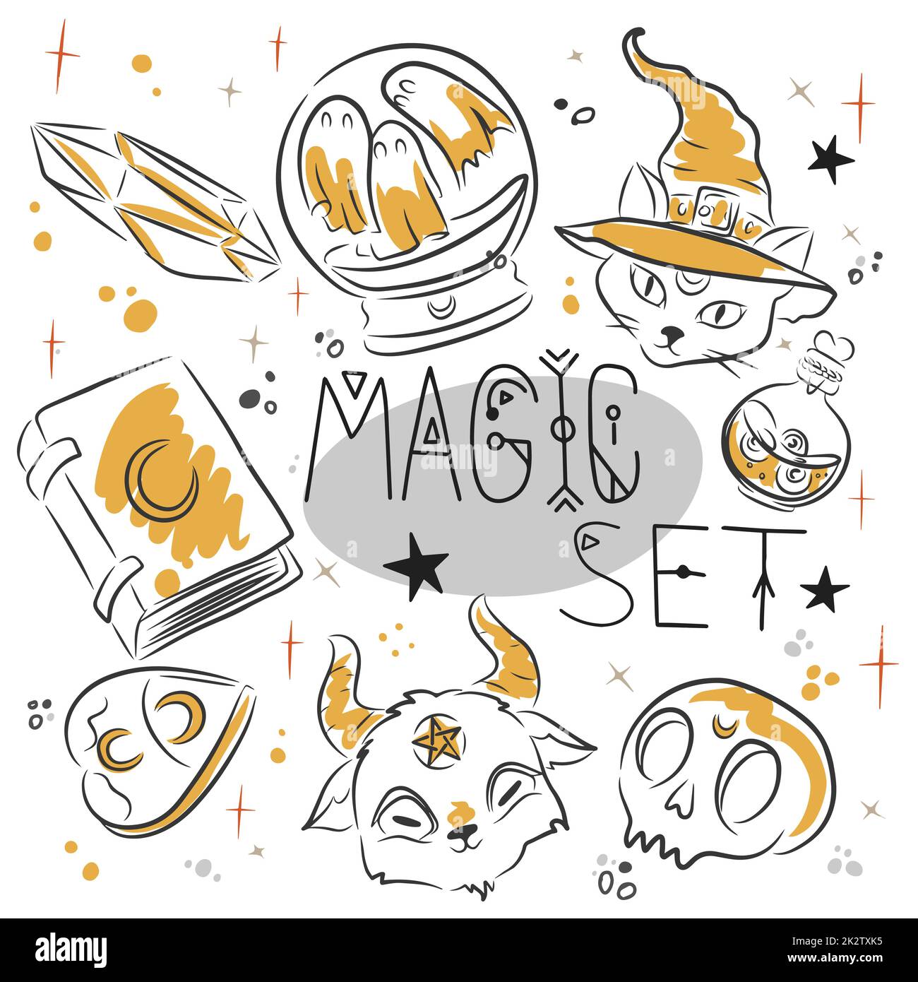 Magic set, handwritten inscription, magical accessories and objects for ...