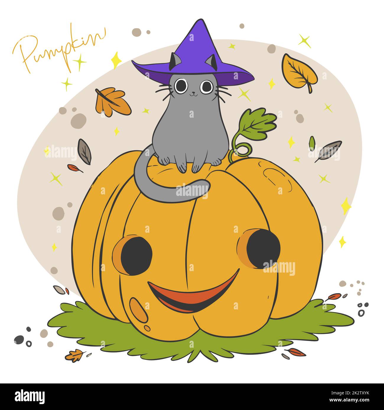 Pumpkin, hand lettering, cute pumpkin illustration with a kitten in a ...