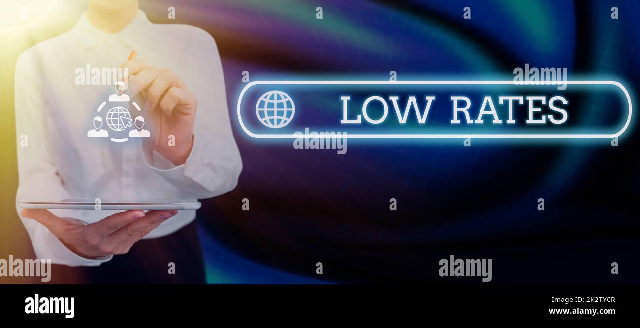 Hand writing sign Low Rates. Business overview A cost of an item or ...