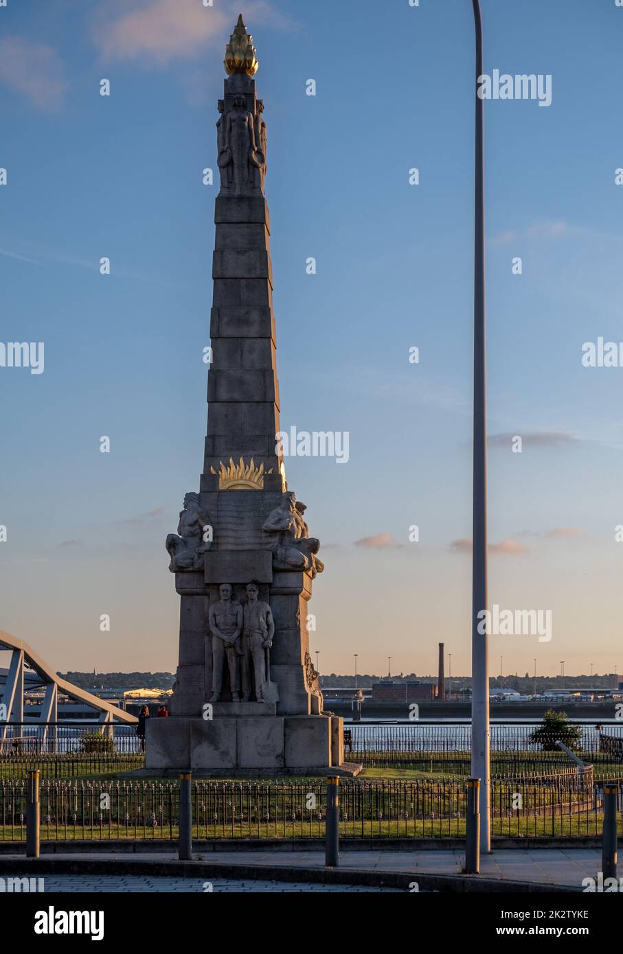 A vertical shot of Titanic Memorial Liverpool on blue sunset sky ...