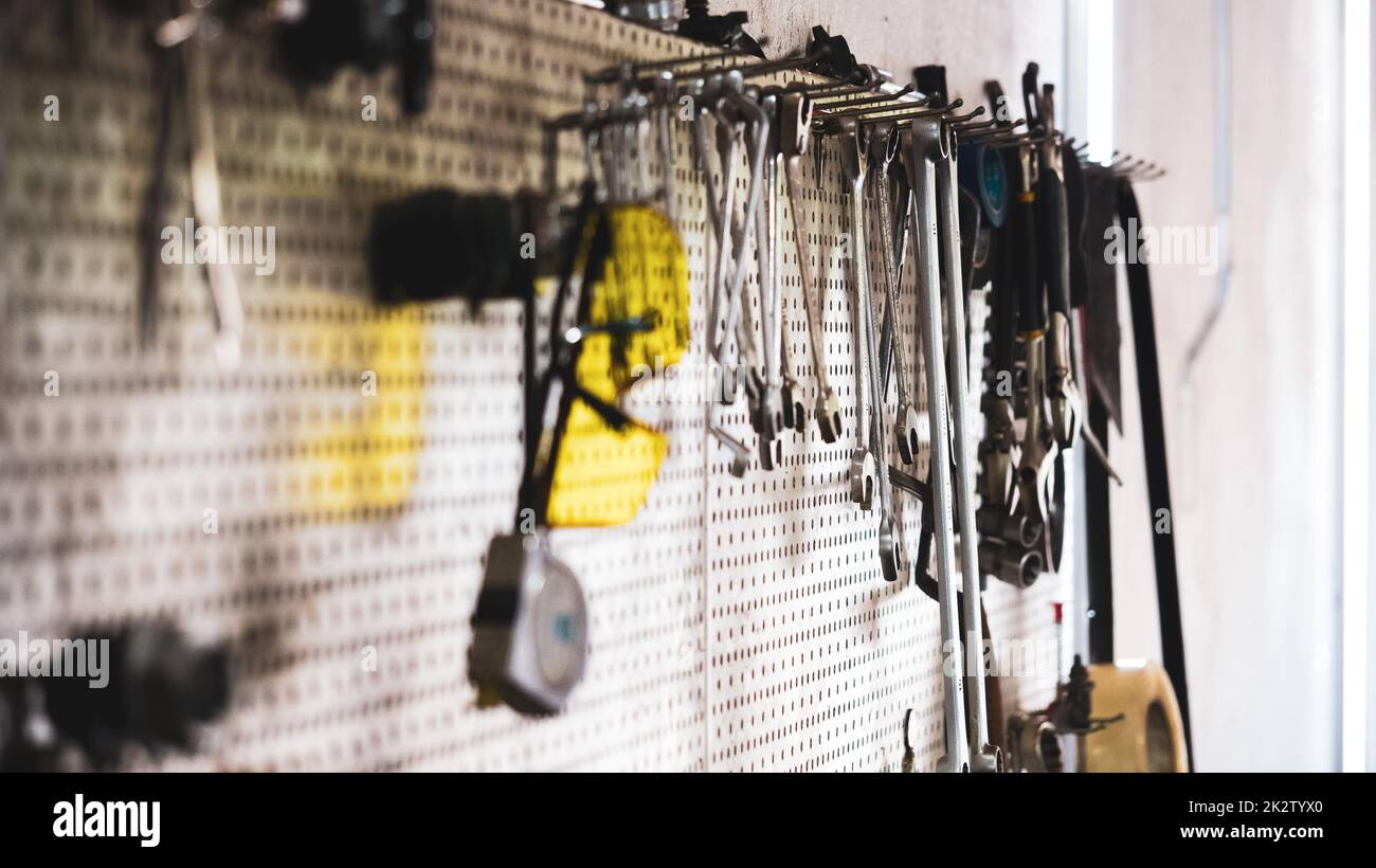 Kit of tools in mechanic garage car service Stock Photo - Alamy