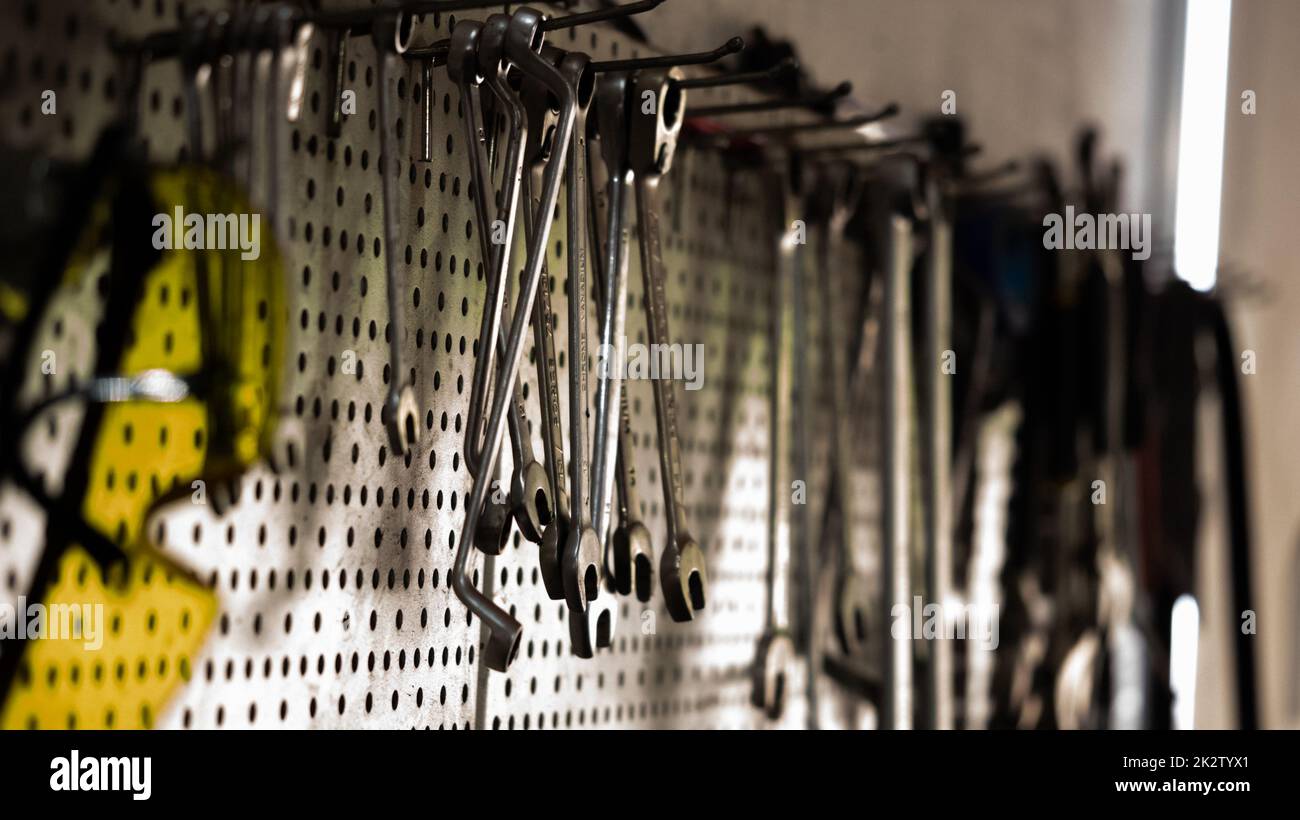 Tools in mechanic garage car service Stock Photo - Alamy