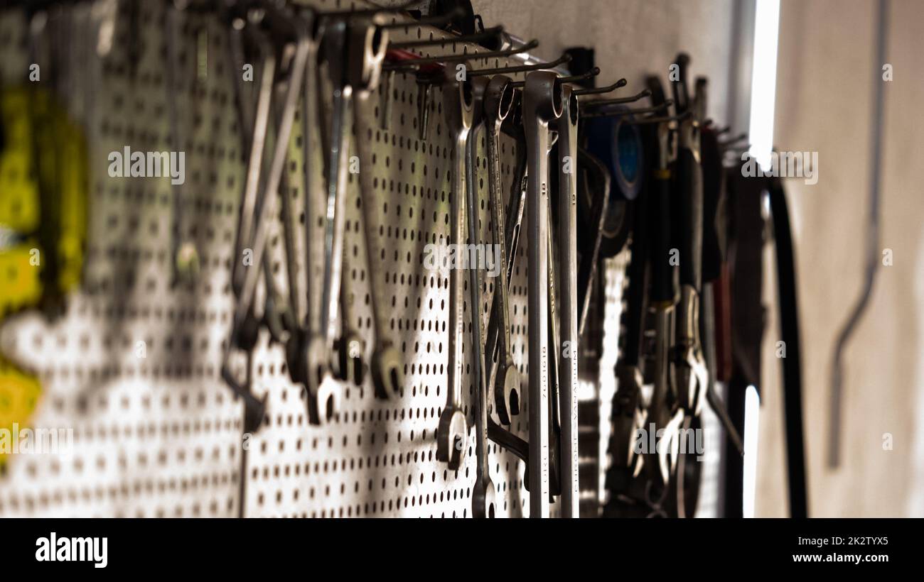 Wrenches tools of mechanic, garage car service Stock Photo - Alamy