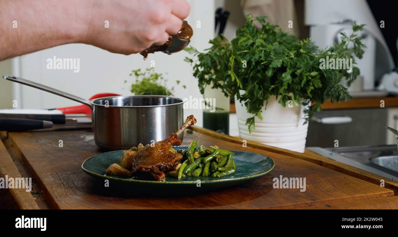 Duck Steak over Green Beans Appetizing Duck Meal Stock Photo - Alamy