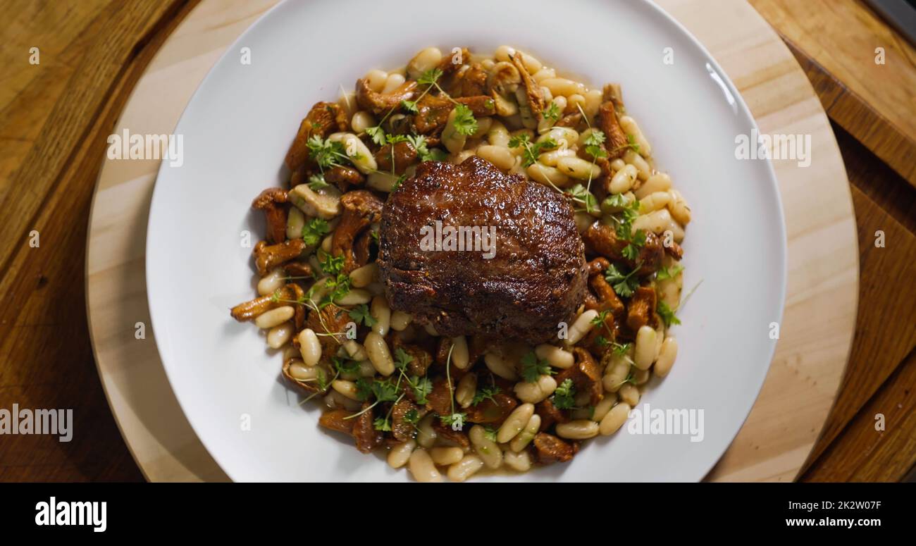 Top View of Food. White Plate with delicious Beef Food dish. Food ...