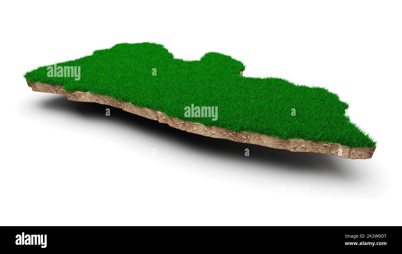 A 3D rendering of the Liberia-shaped map with grass and soil texture ...