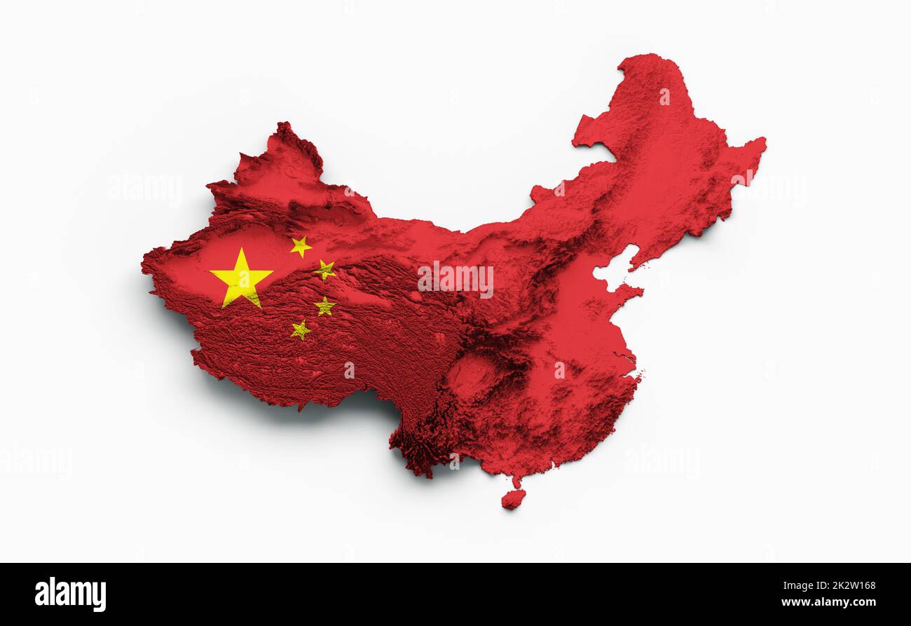 A 3D rendering of the flag of China-shaped topography map isolated on a ...