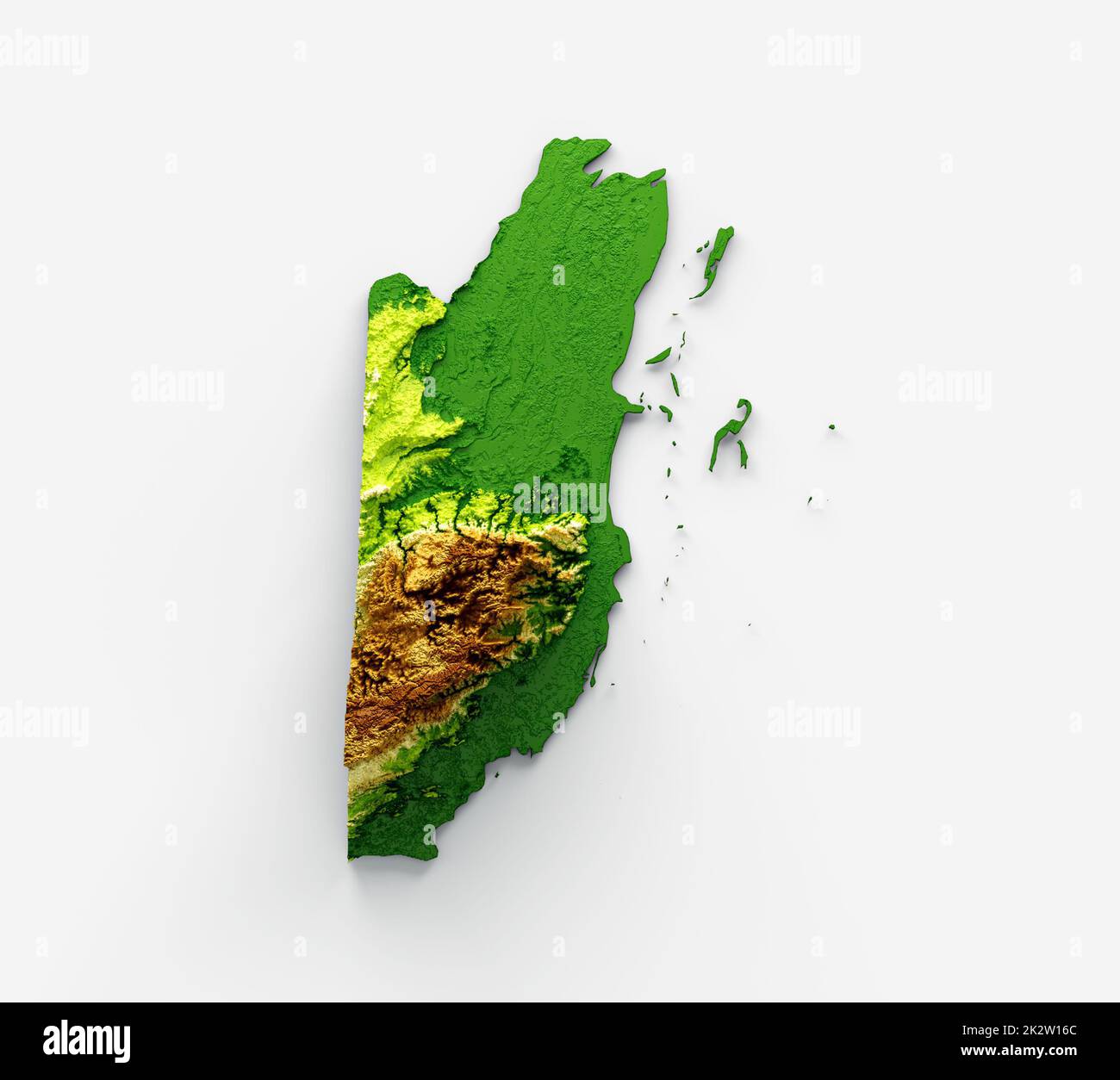 A 3D rendering of Belize-shaped topography map isolated on white ...