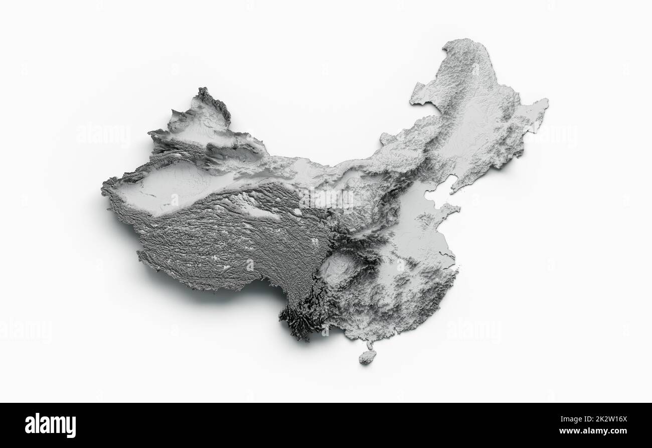 A 3D grayscale rendering of the China-shaped topography map isolated on ...