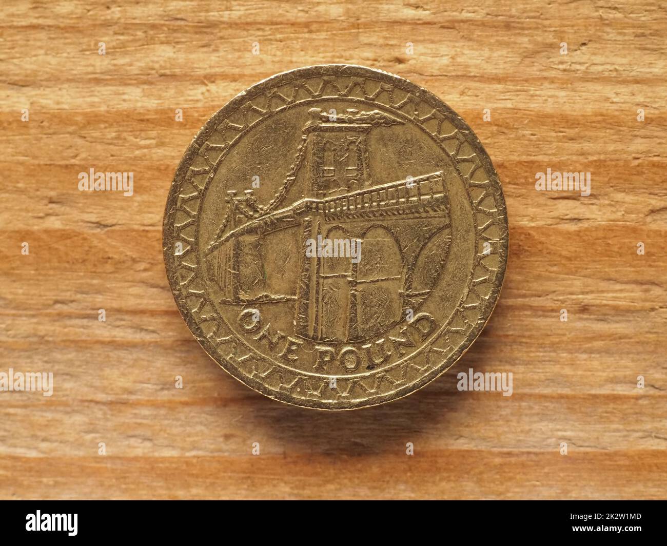 1 Pound coin, reverse side showing Menai bridge, currency of the UK ...