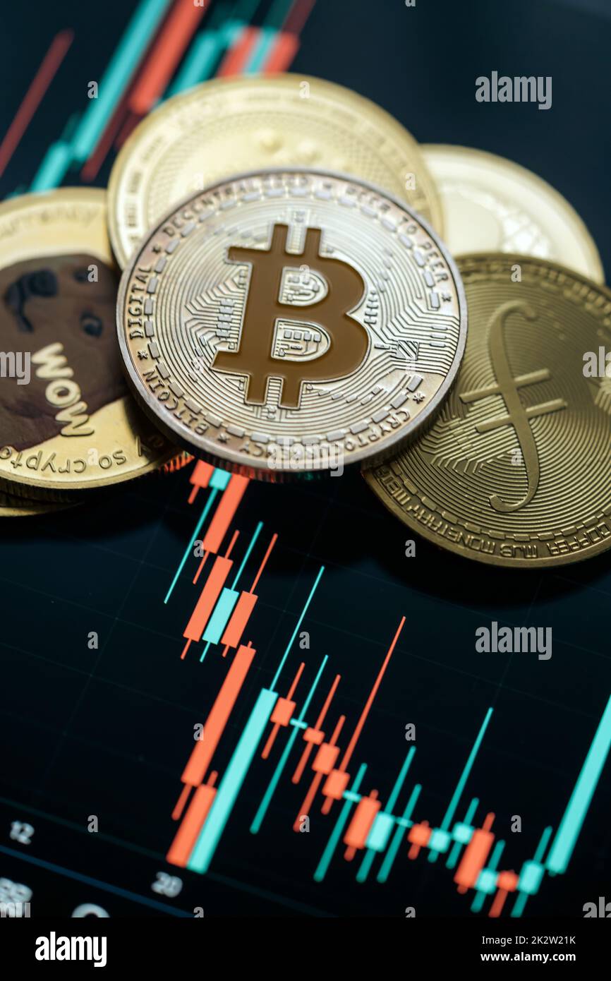 Various Cryptocurrencies with candle stick graph chart and digital ...