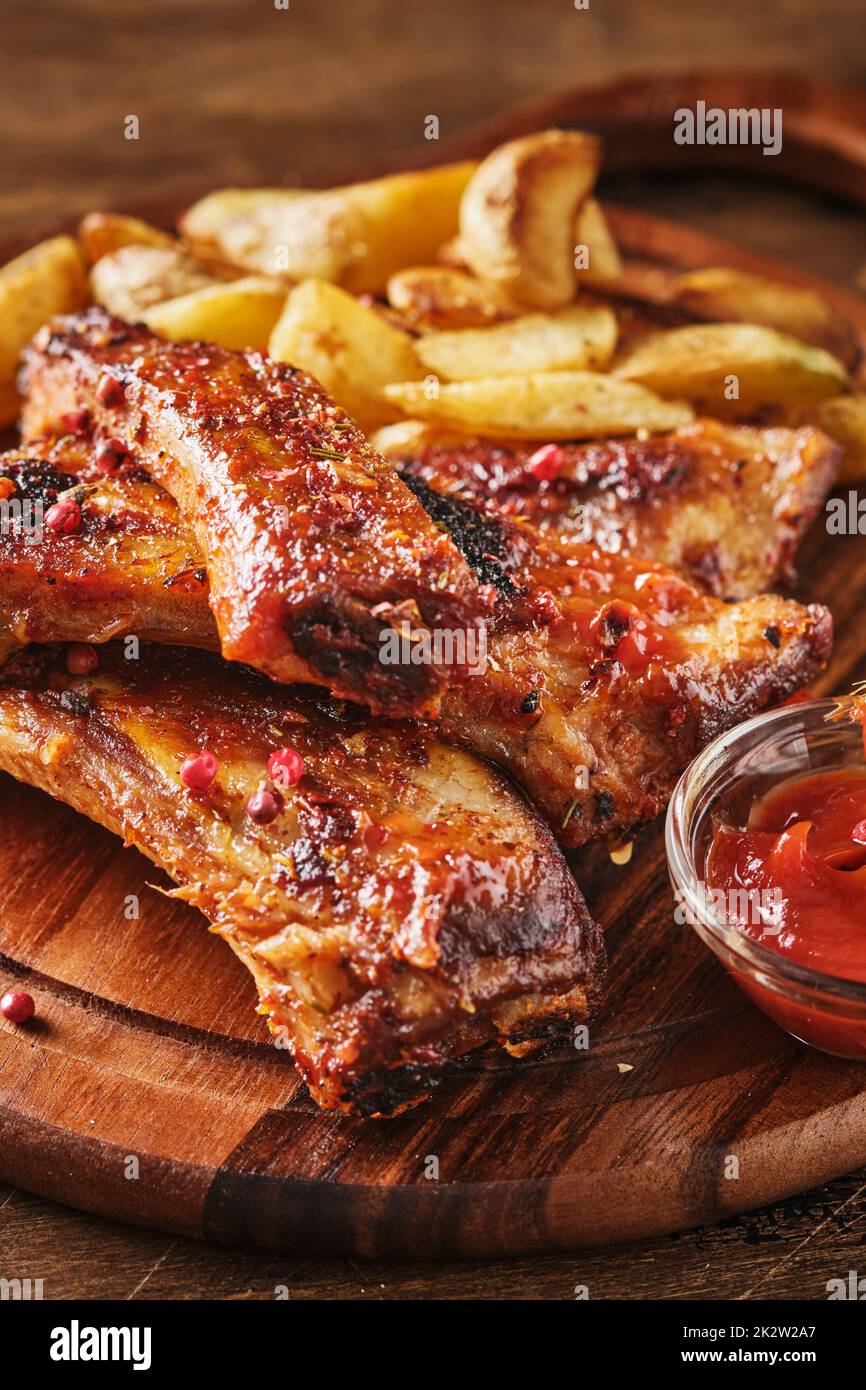 Closeup of pork ribs grilled with BBQ sauce and caramelized in honey ...