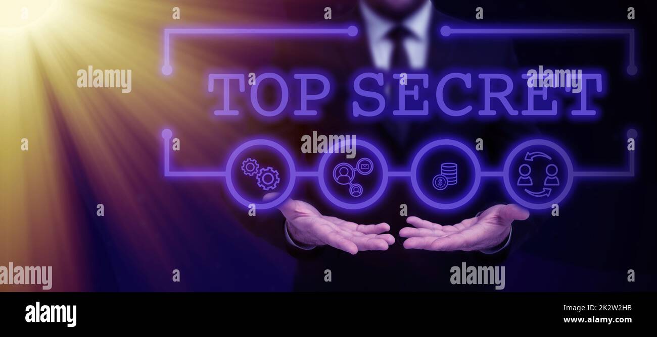 Hand writing sign Top Secret. Word for telling someone important data ...