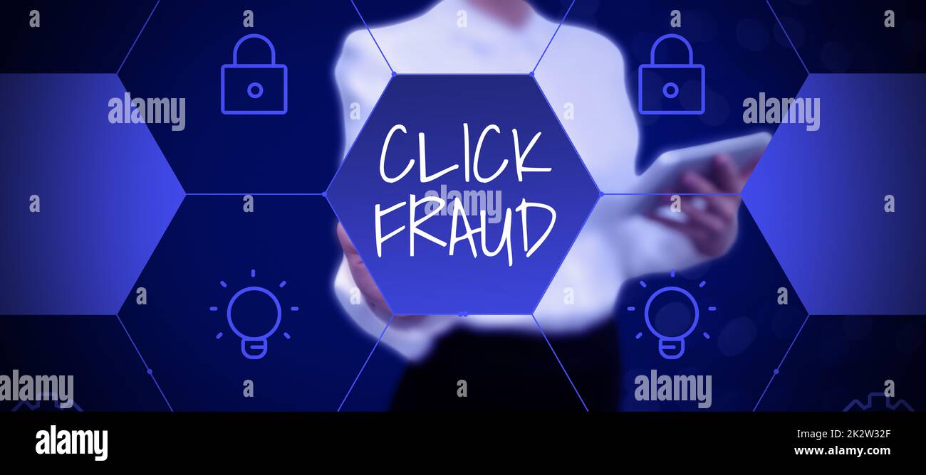 Text sign showing Click Fraud. Business overview practice of repeatedly ...