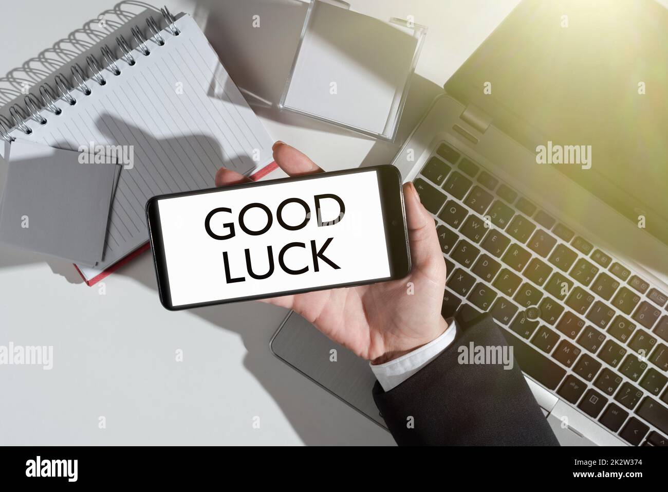 Text caption presenting Good Luck. Word for A positive fortune or a happy outcome that a person ...
