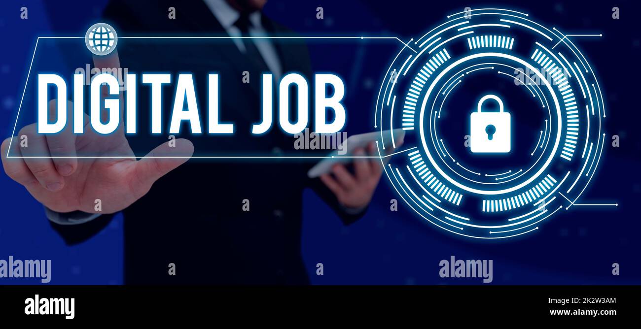 Hand writing sign Digital Job. Business idea get paid task done through ...