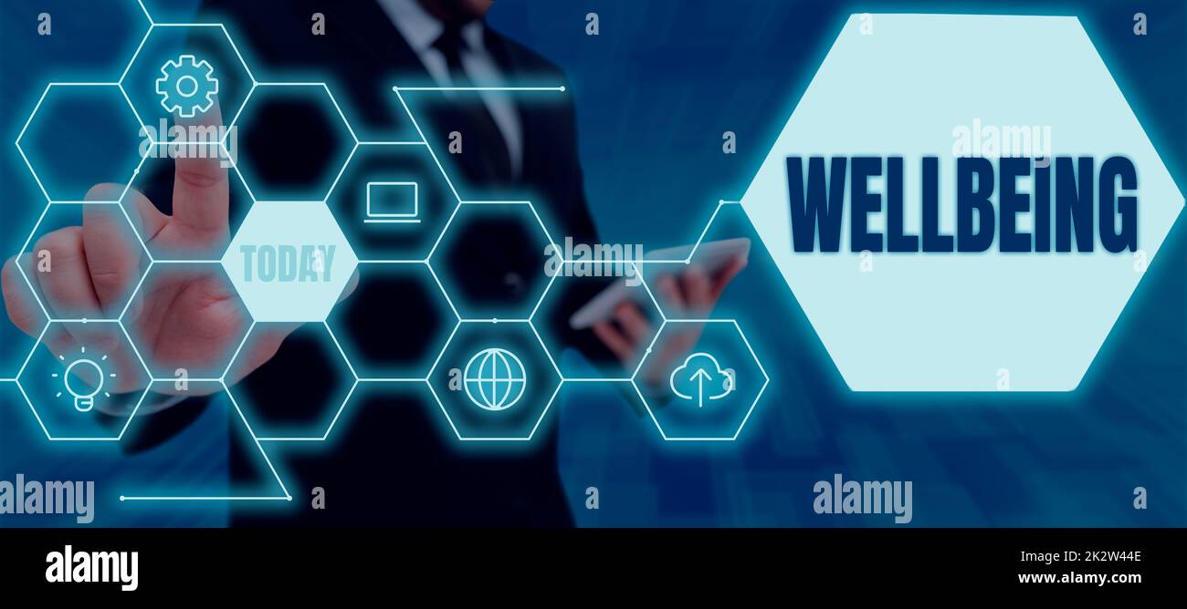 Writing displaying text Wellbeing. Word Written on A good or ...