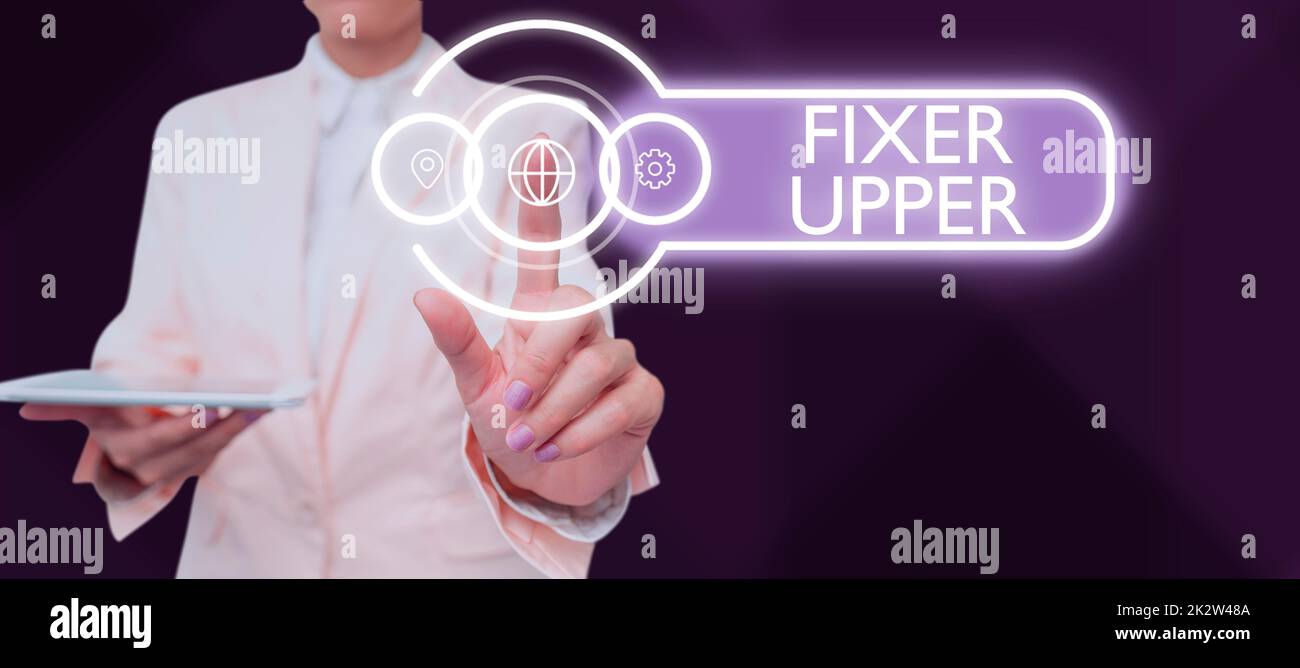 Text sign showing Fixer Upper. Conceptual photo house in need of ...