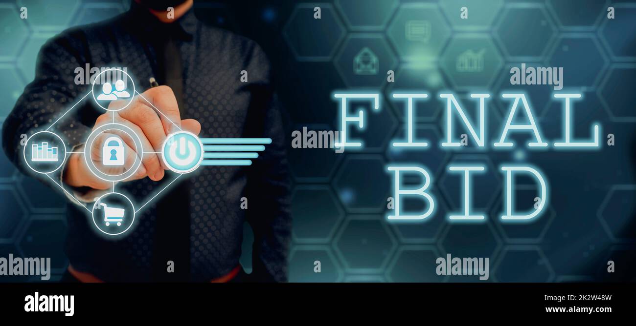 Handwriting text Final Bid. Word Written on The decided cost of an item ...