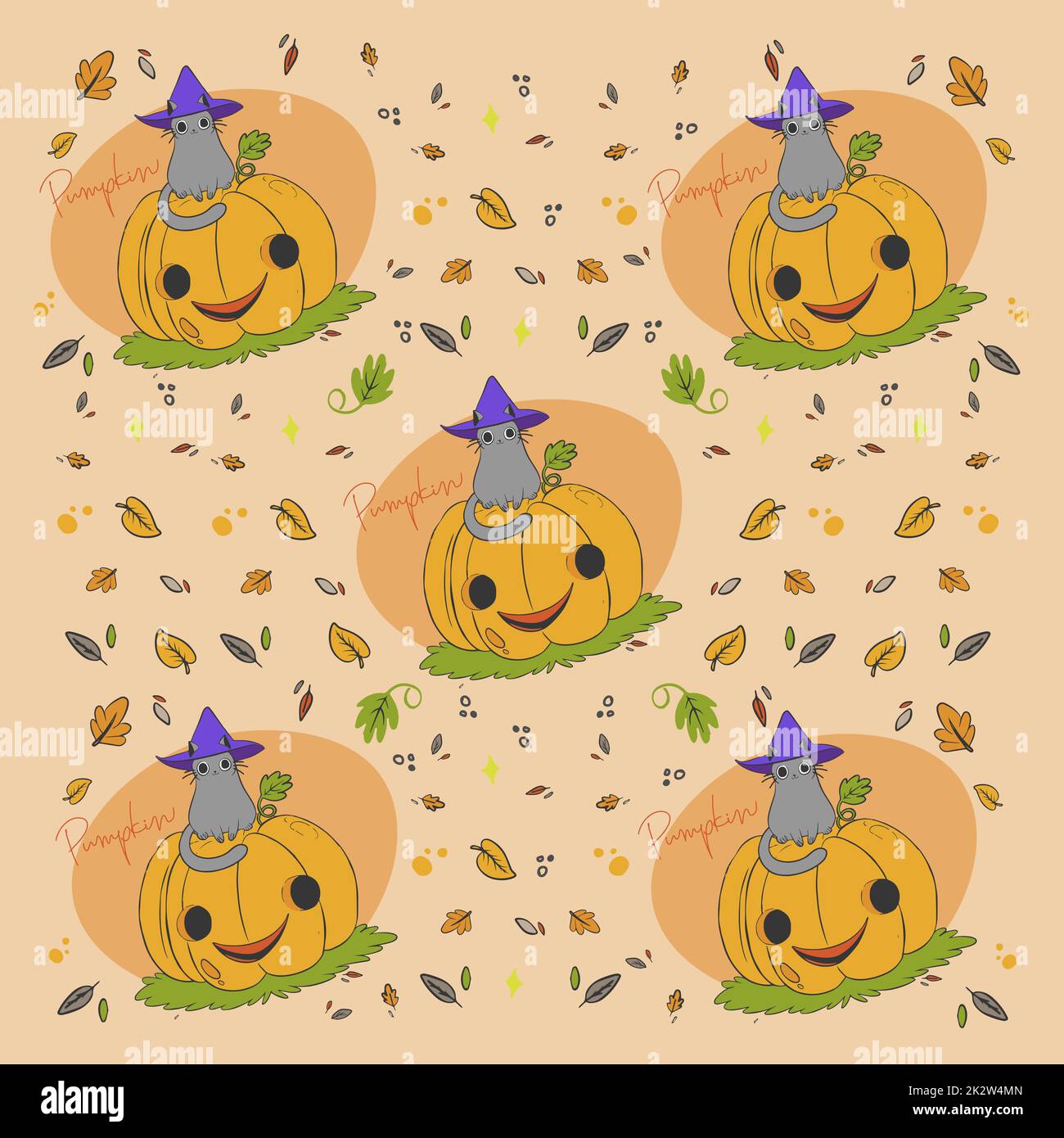 Pumpkin, hand lettering, cute pumpkin background with a kitten in a hat ...