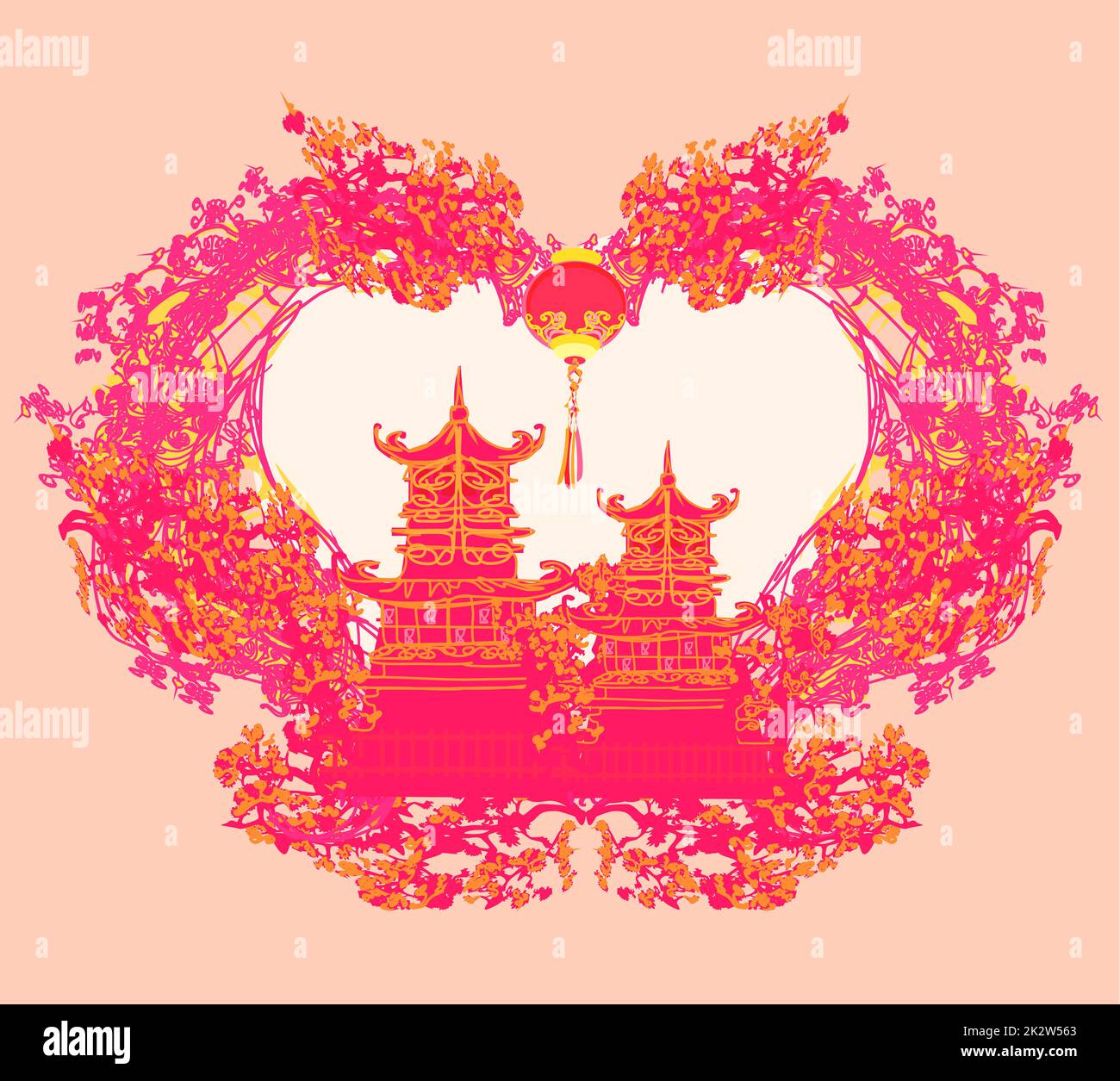 old paper with Asian Landscape and Chinese Lantern - vintage japanese ...