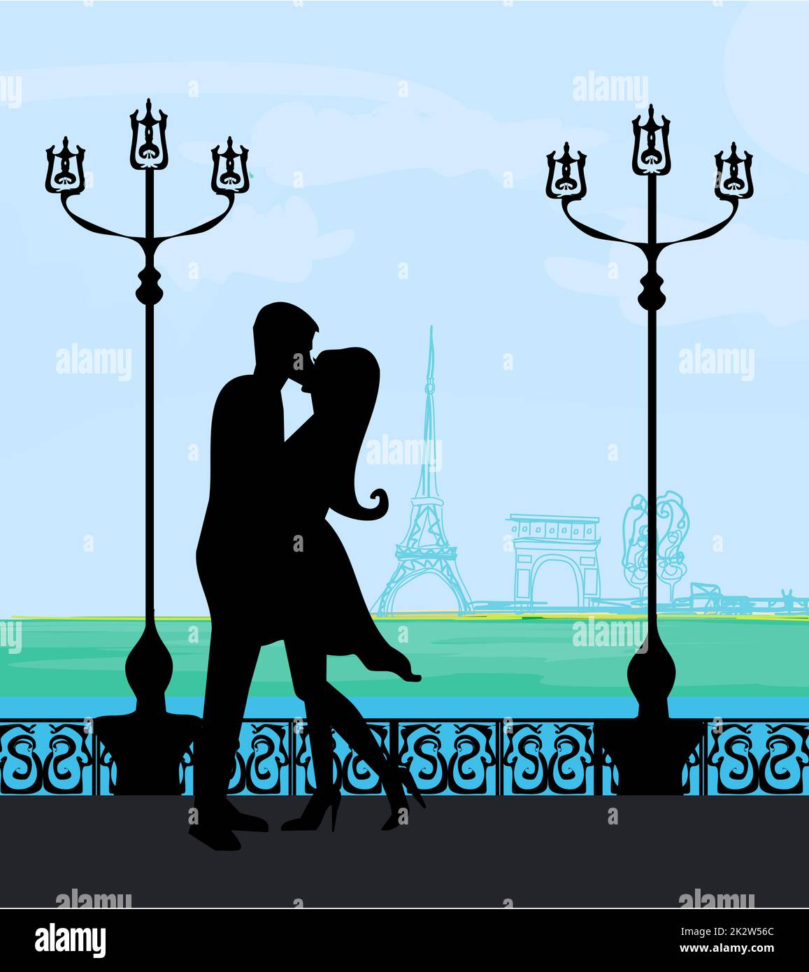 Romantic Couple Silhouette Paris Kissing Near Eiffel Tower Hi Res Stock