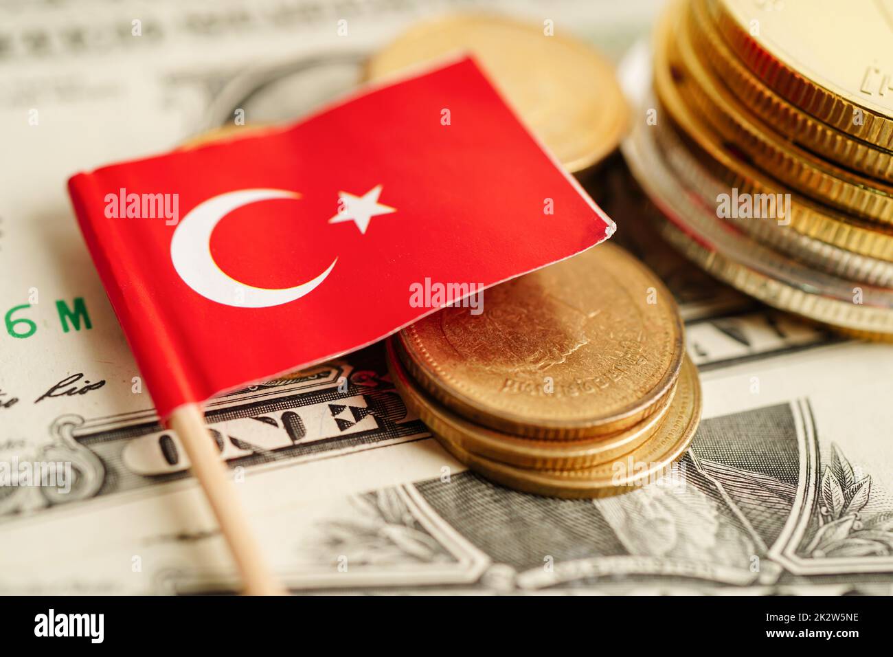 Stack of coins with Turkey flag on USA America dollar banknotes Stock ...