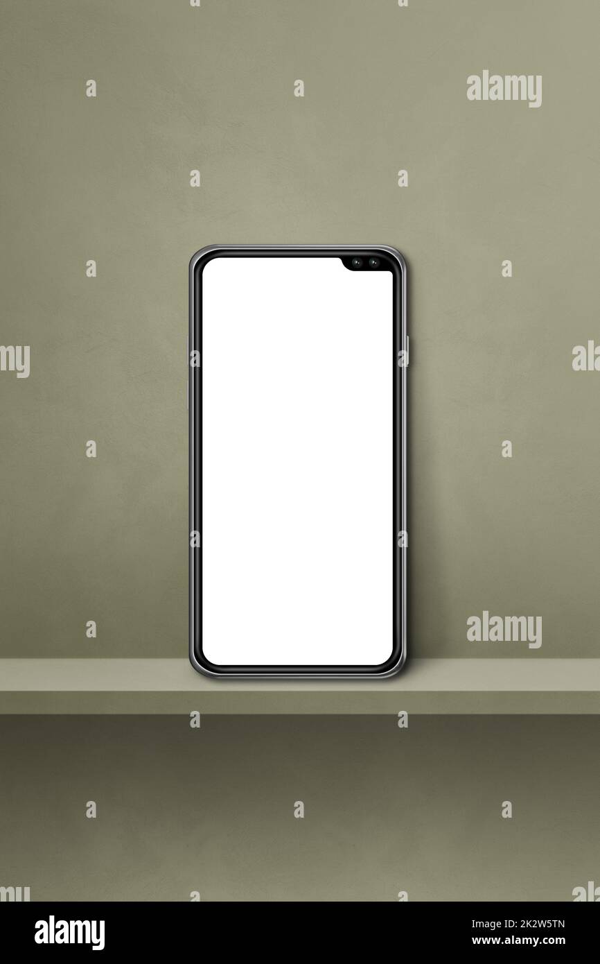Mobile phone on green wall shelf. Vertical background Stock Photo - Alamy