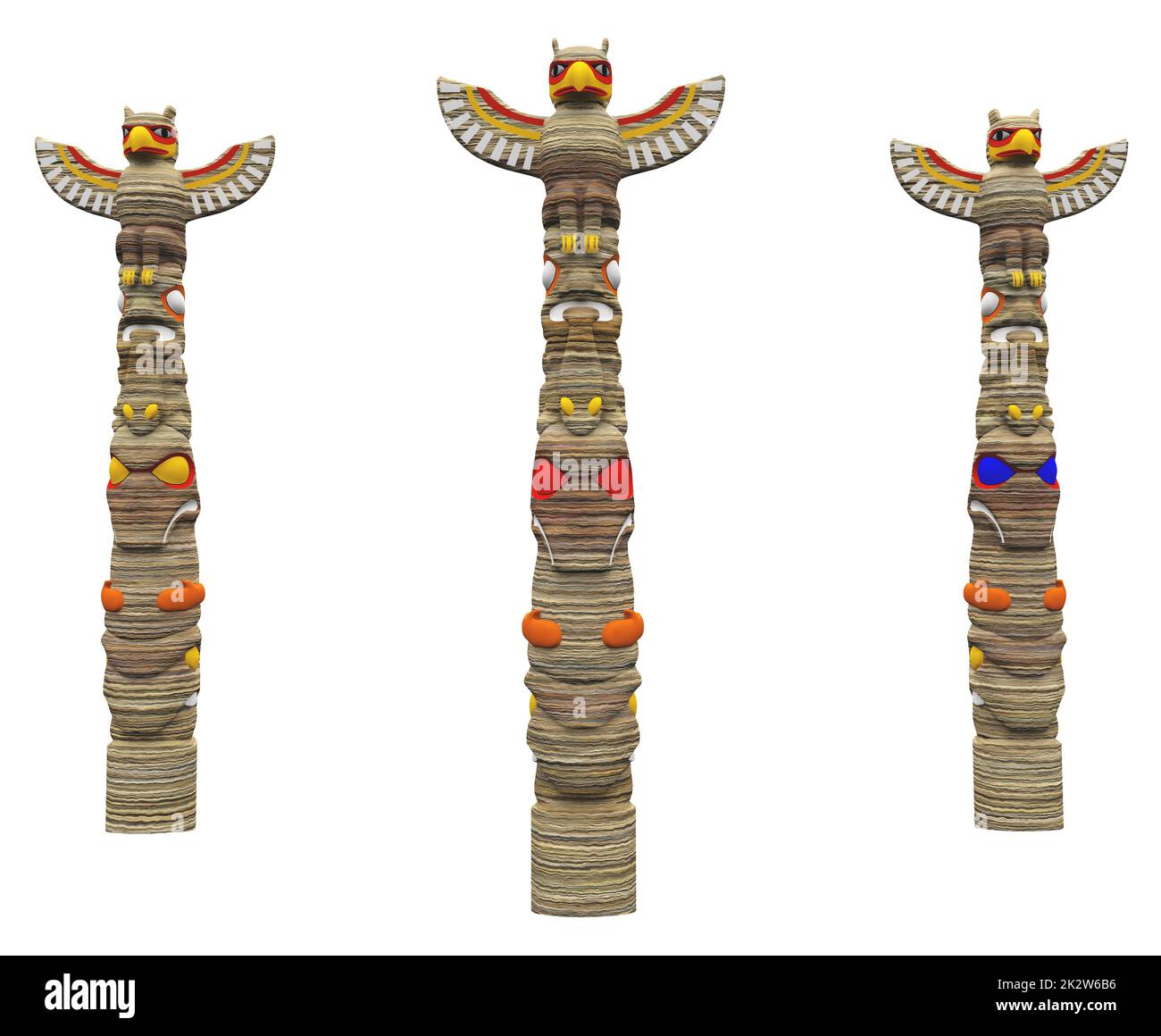 Three totem poles isolated on white background Stock Photo - Alamy