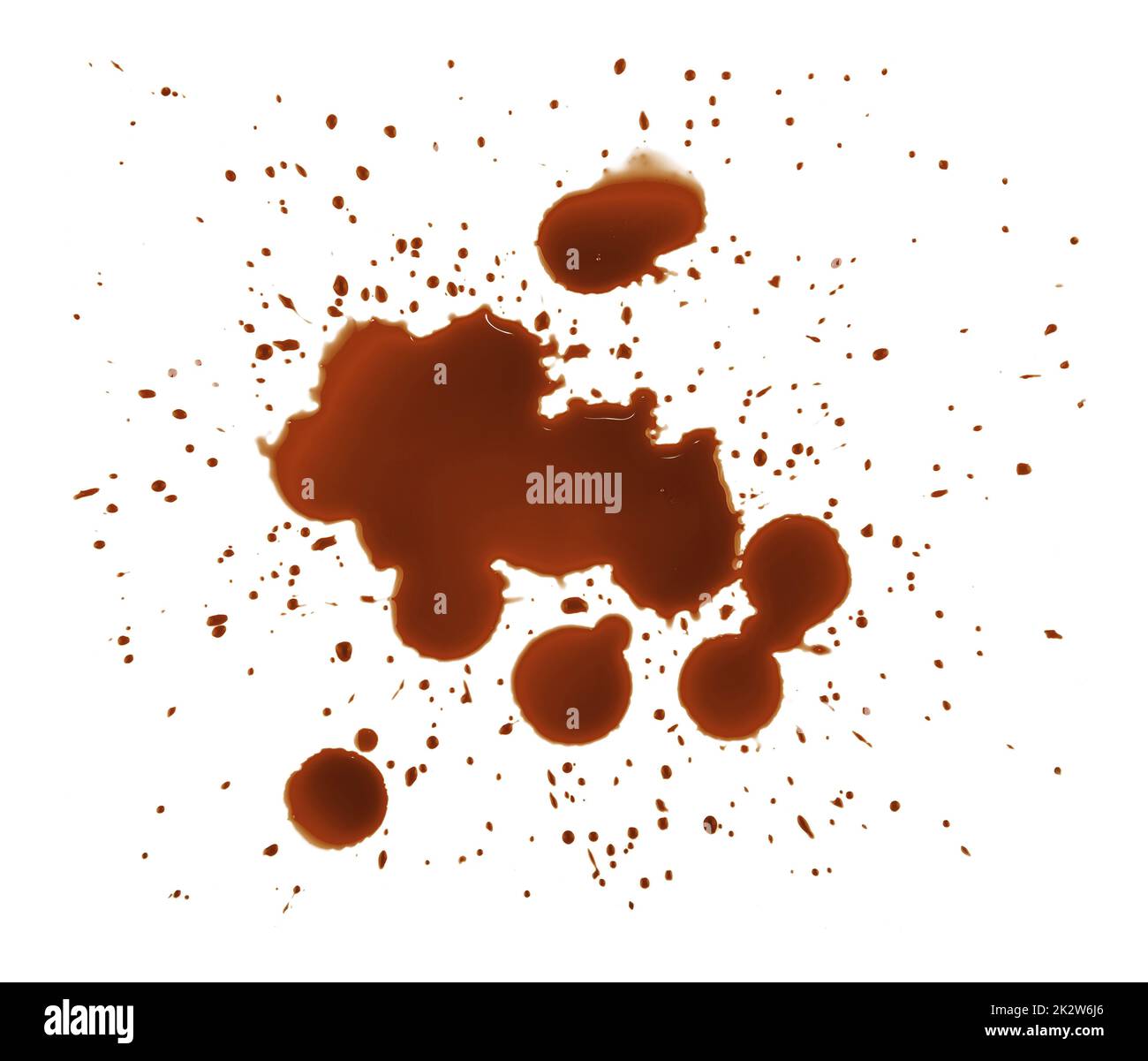 Close up brown coffee blob drops and wet stains isolated on white ...