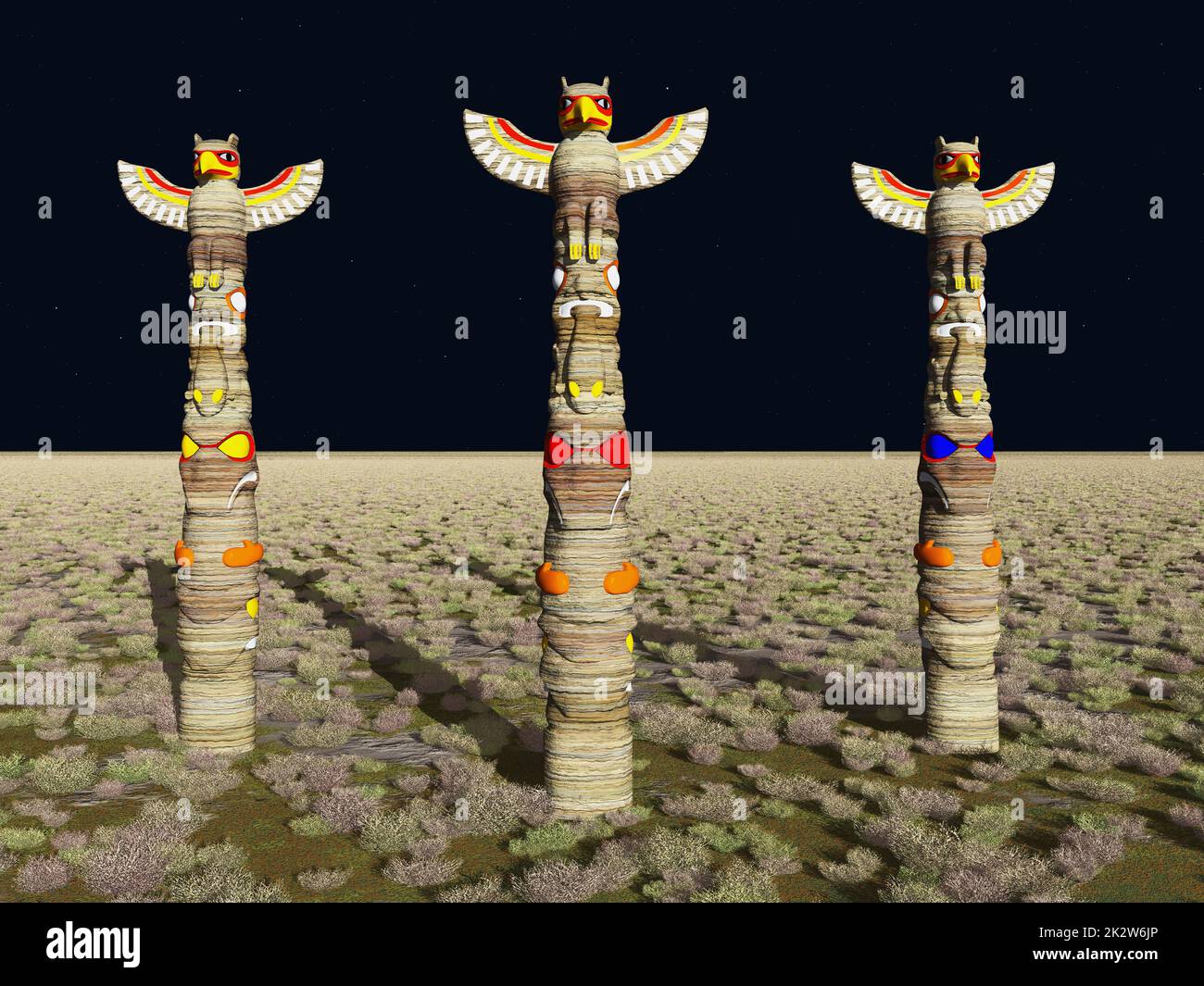 Three totem poles on the prairie at night Stock Photo - Alamy