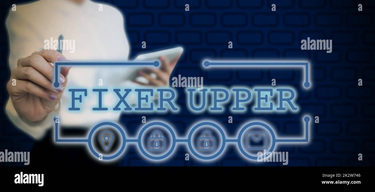 Text showing inspiration Fixer Upper. Conceptual photo house in need of ...