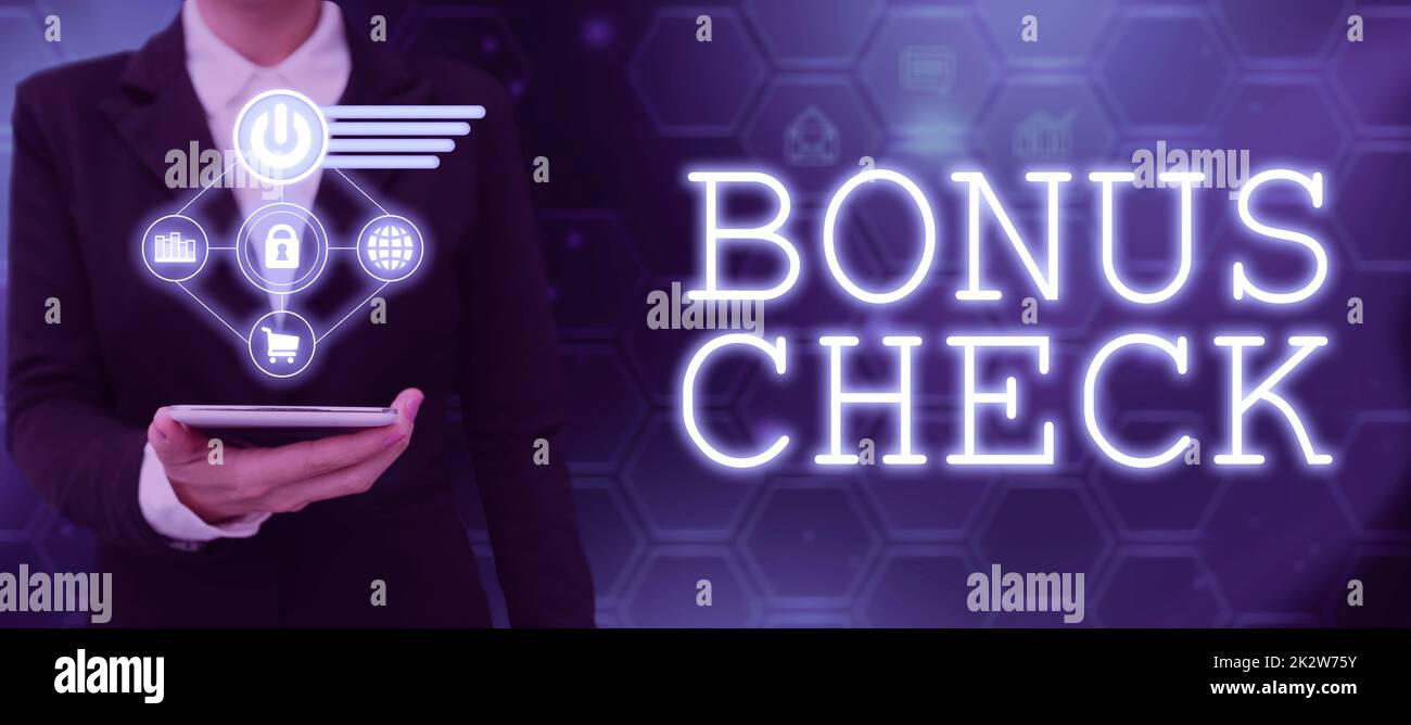 Writing displaying text Bonus Check. Word Written on something in ...