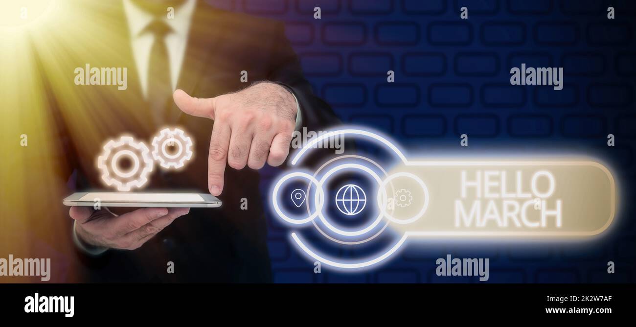 Conceptual display Hello March. Word for musical composition usually in ...